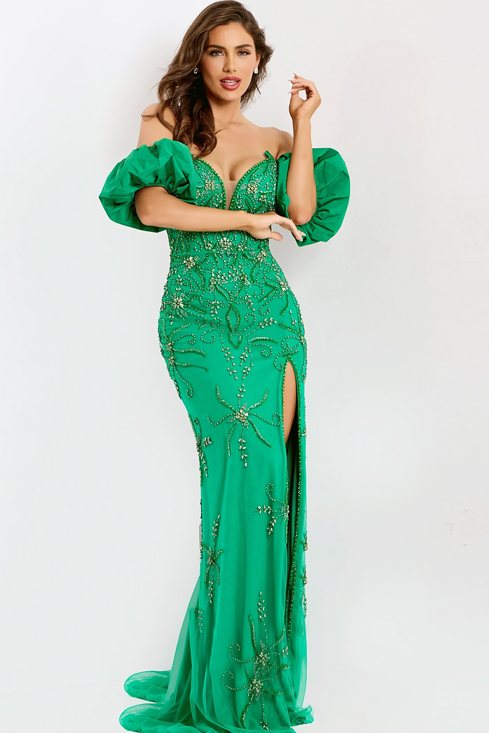 Beaded Gown with Puff Sleeves 39615 | Jovani