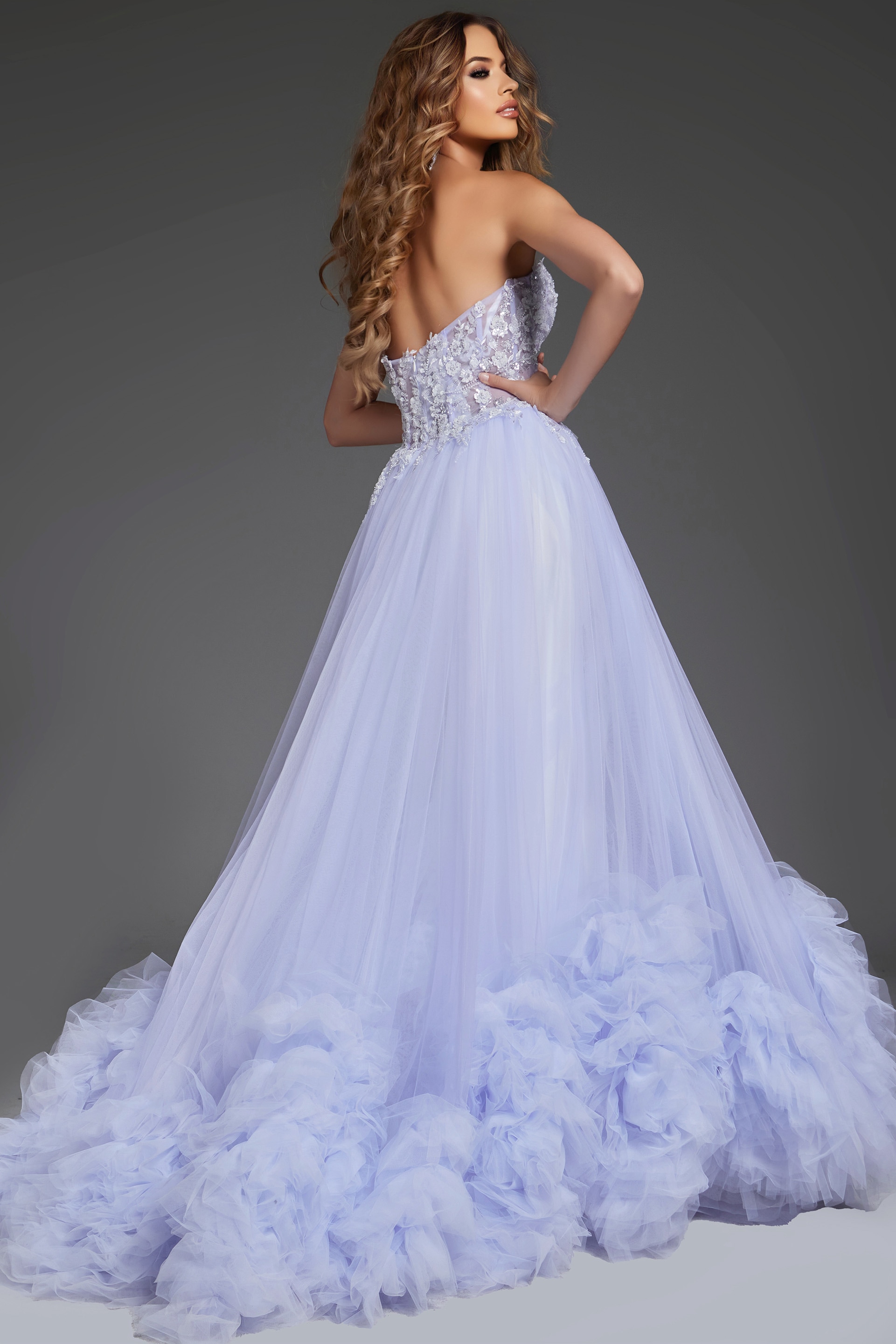 Strapless Tulle Ball Gown with 3D Floral Details 40170 | Jovani