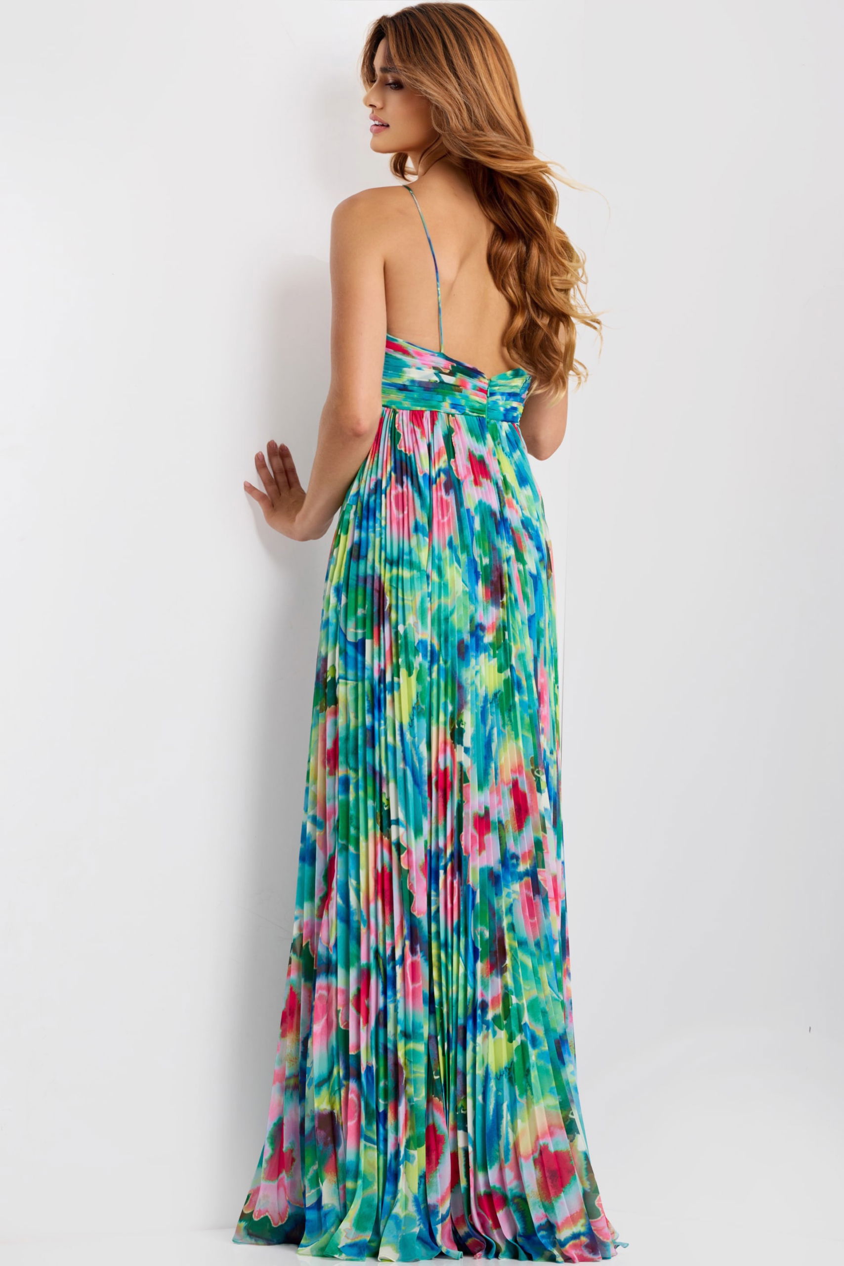 Pleated Print Gown With Spaghetti Straps 42558 | Jovani