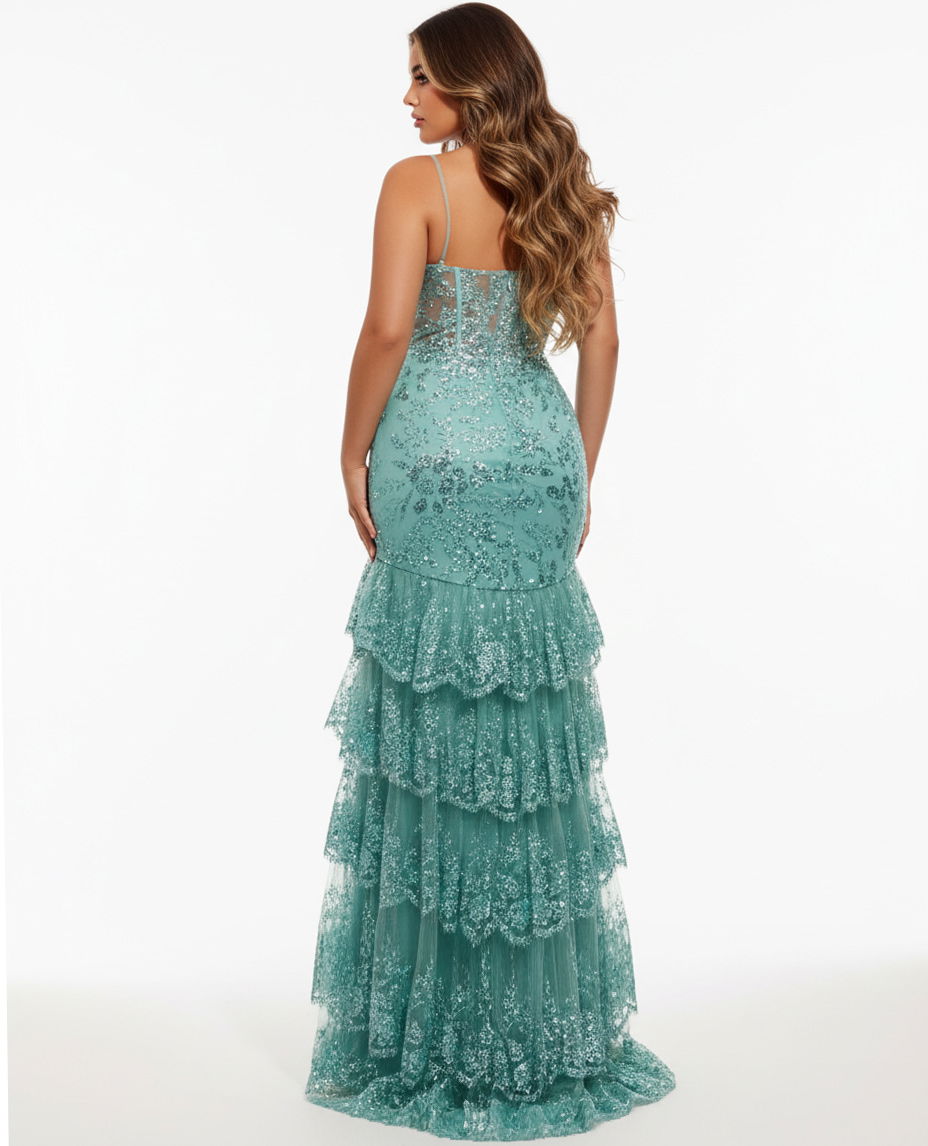 Spaghetti Strap Gown with Beaded Bodice and High Slit 43171 | Jovani