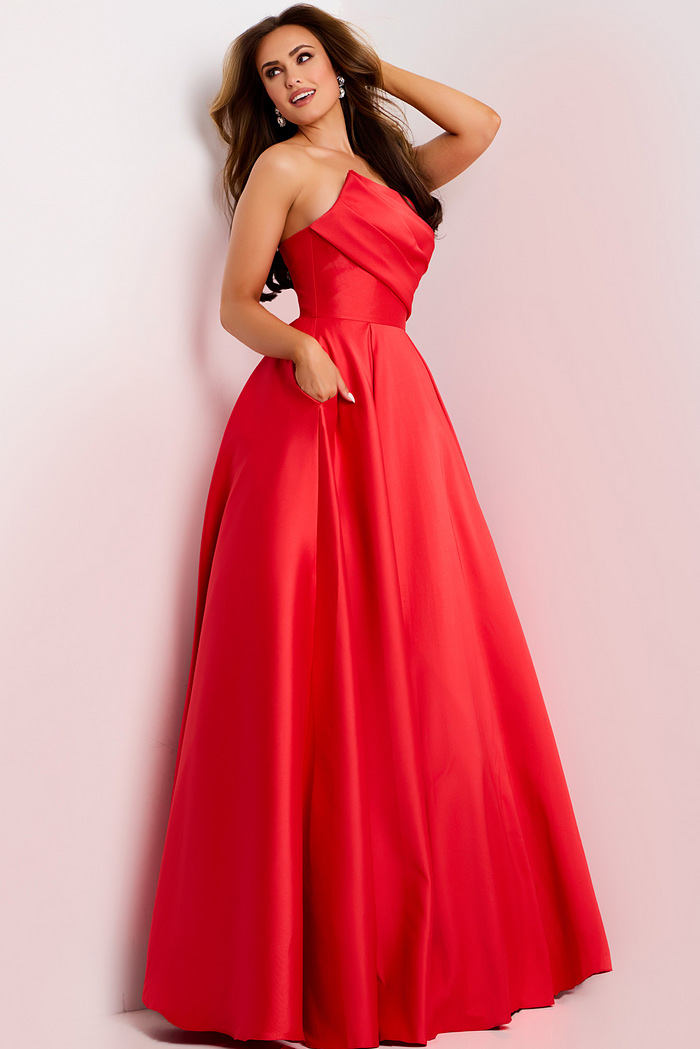 Strapless Satin Ballgown with Draped Bodice 44533 | Jovani