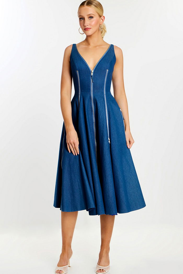 Denim Midi Dress with Zipper Detail 44680 | Jovani