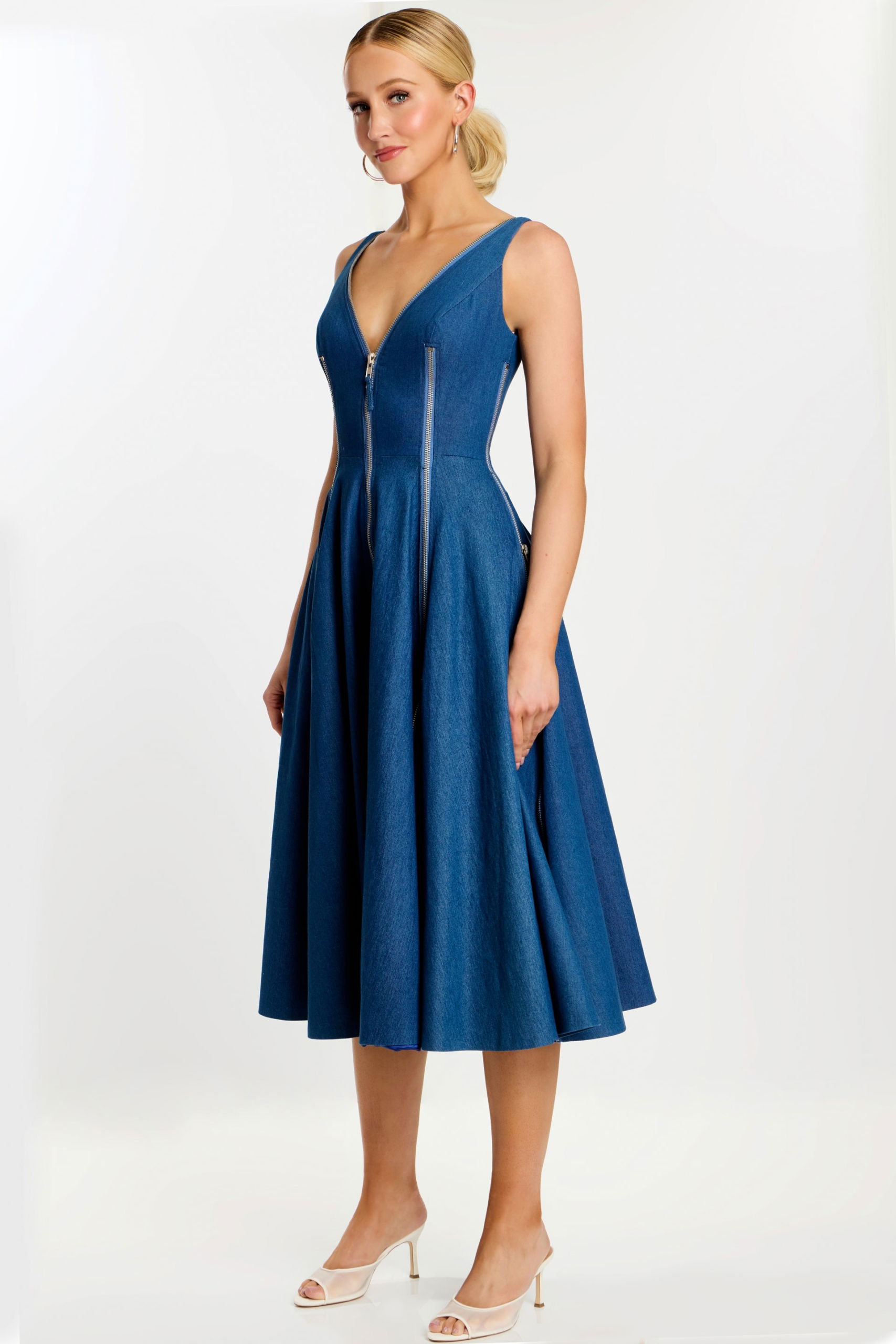 Denim Midi Dress with Zipper Detail 44680 | Jovani