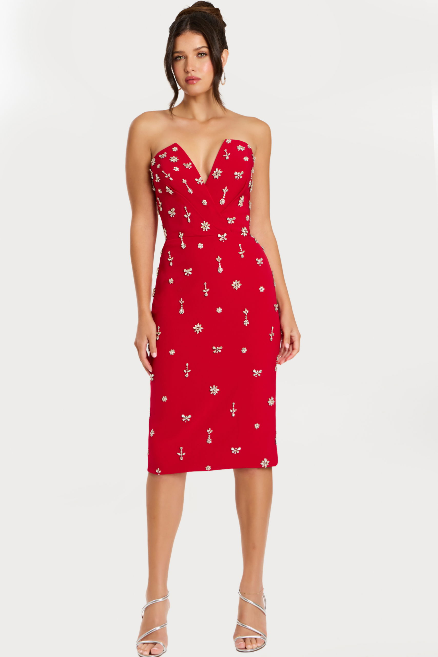 Strapless Midi Dress with Jewel Embellished 45249 | Jovani