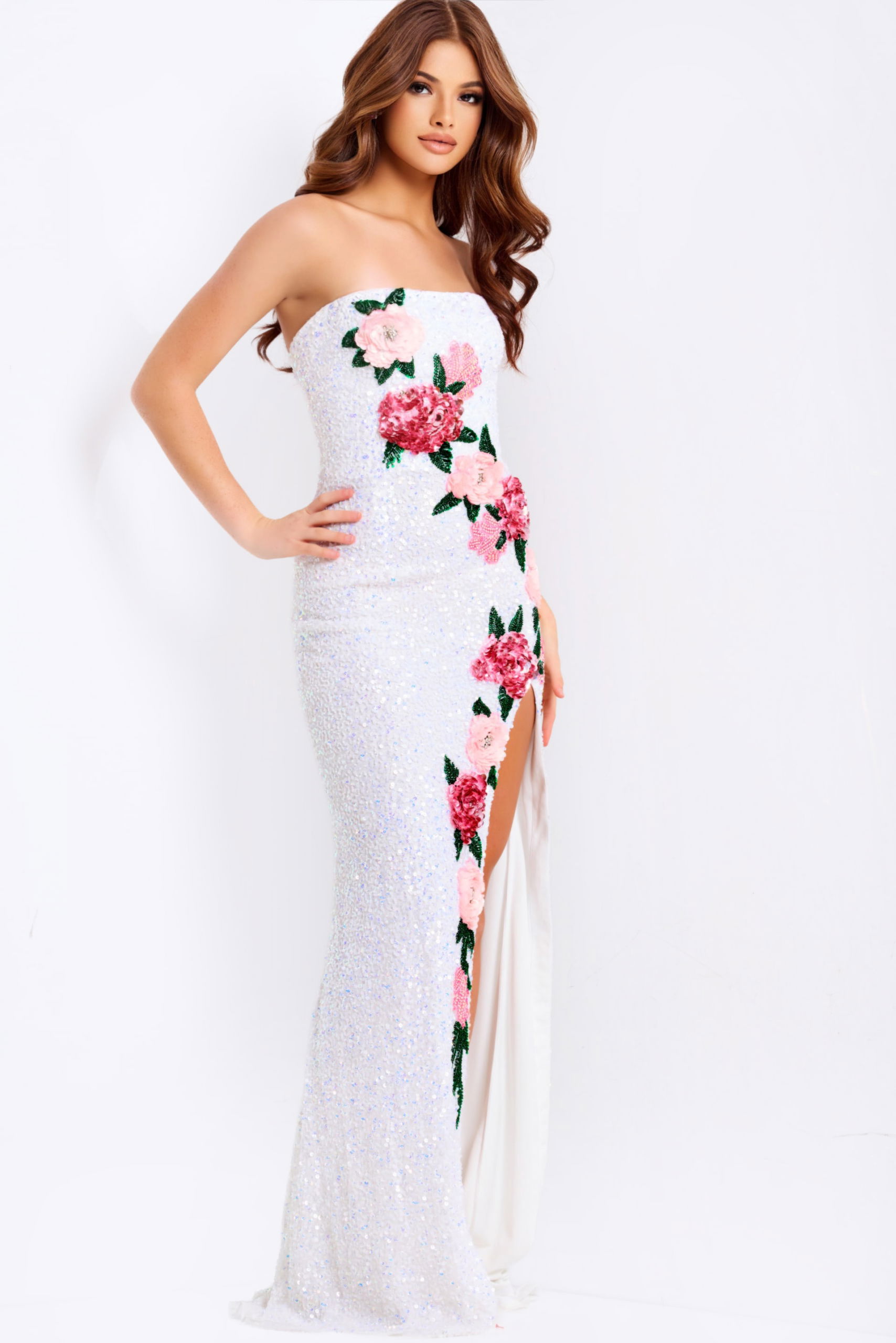 Strapless Sequin Floral Dress With Slit 46694 | Jovani