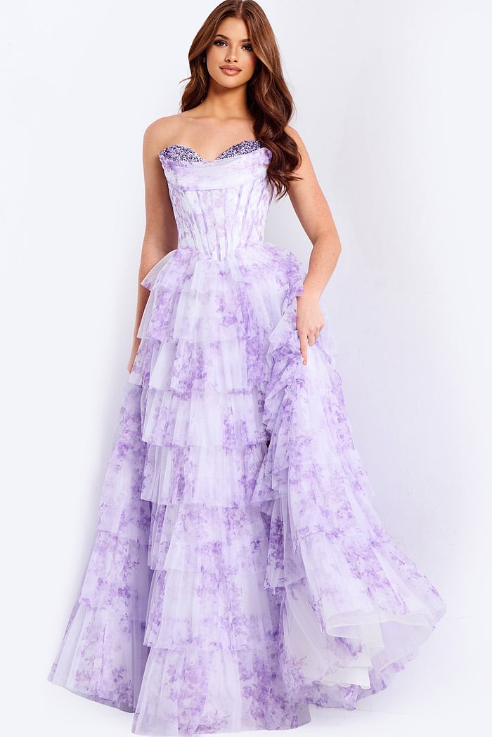 Lavender Floral Tiered Corset Prom Dress 47440 | Jovani