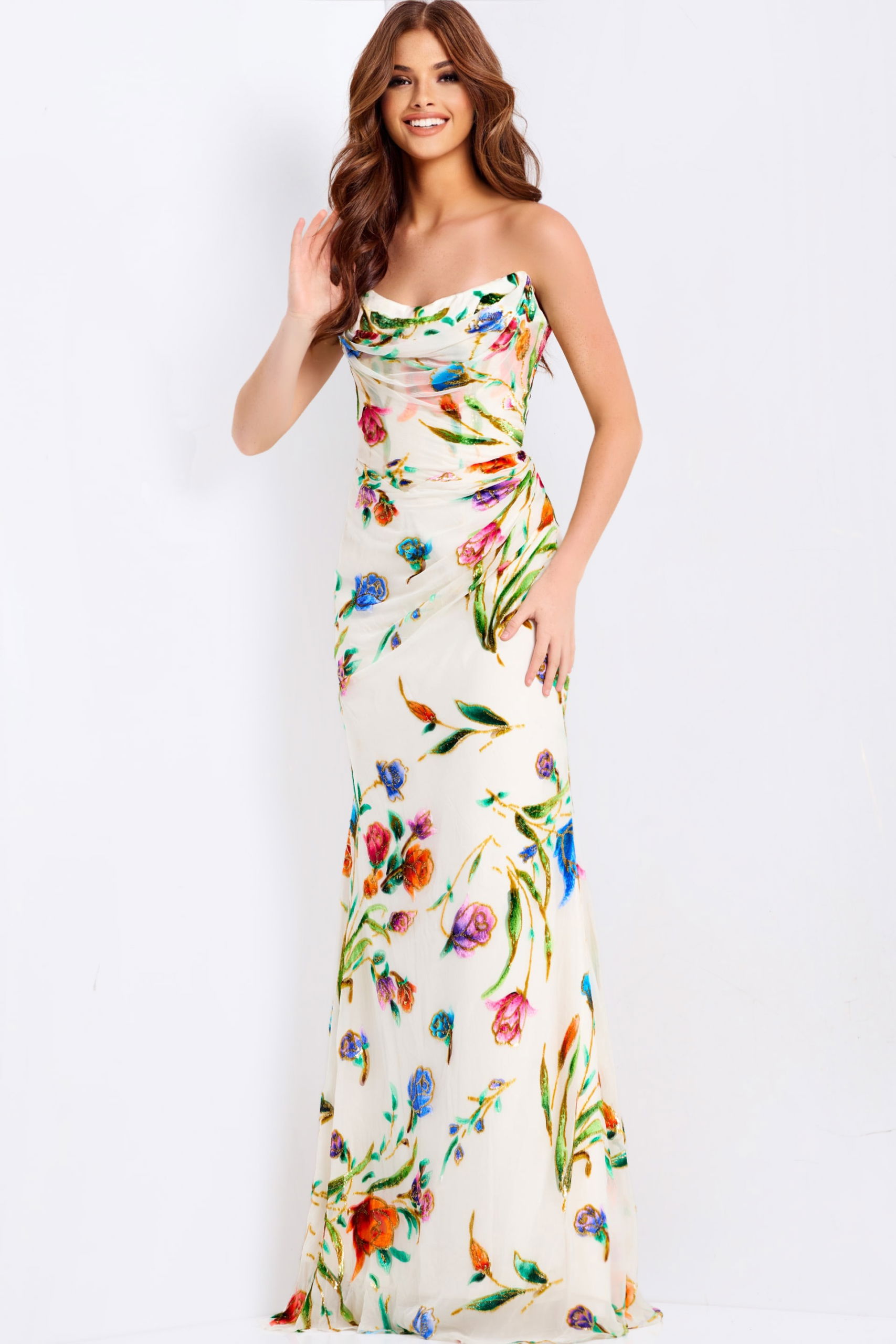 Floral Print Prom Dress With Cowl Neck 47626 | Jovani