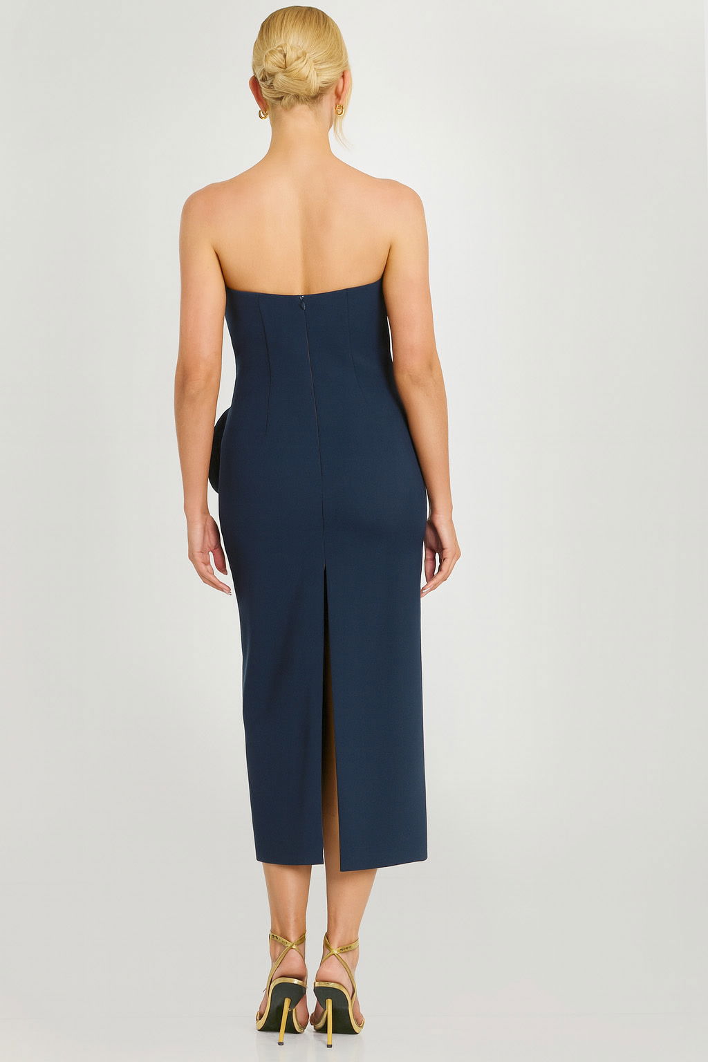 Elegant Strapless Midi Dress with Satin Rose Detail 48208 | Jovani