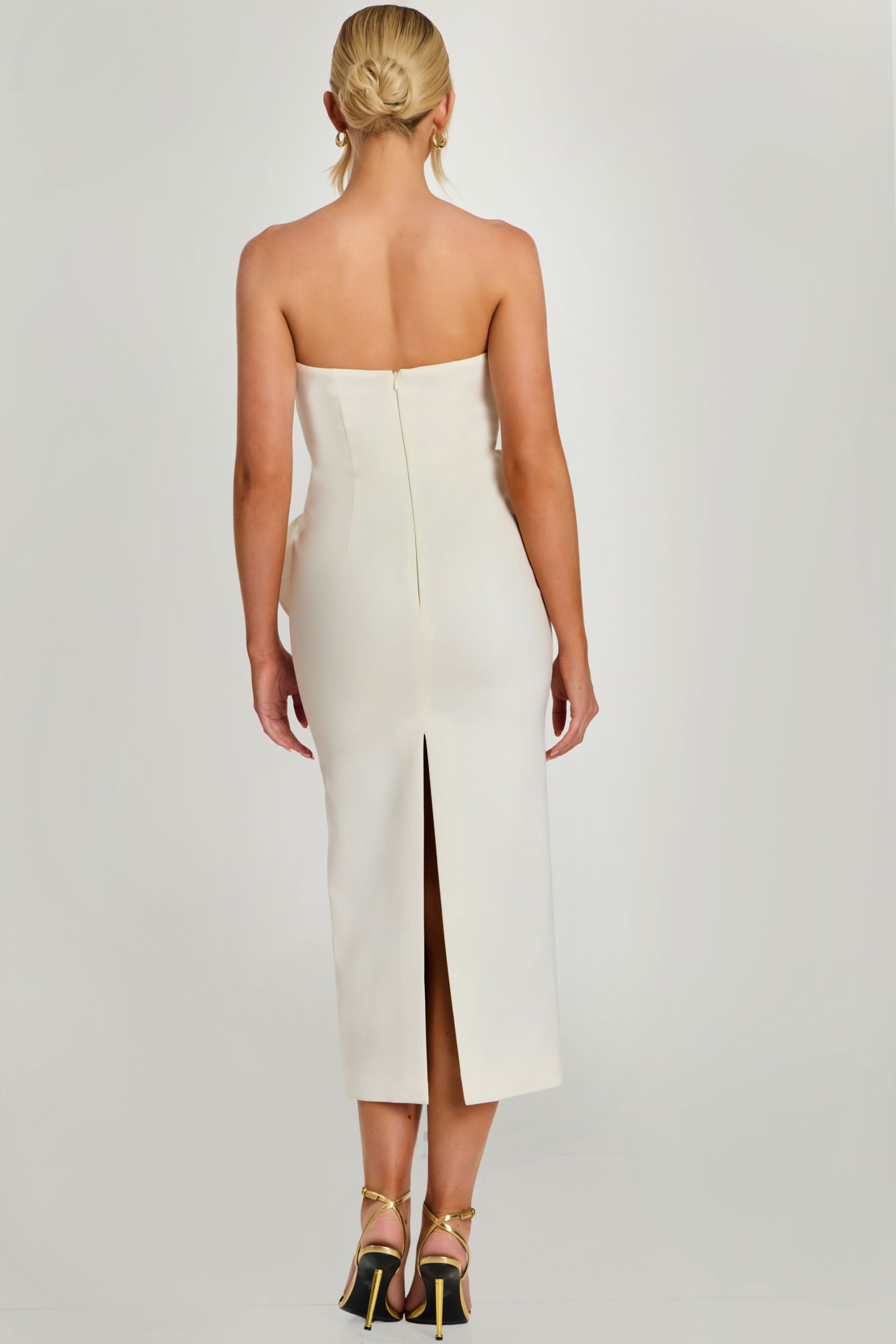 Elegant Strapless Midi Dress with Satin Rose Detail 48208 | Jovani