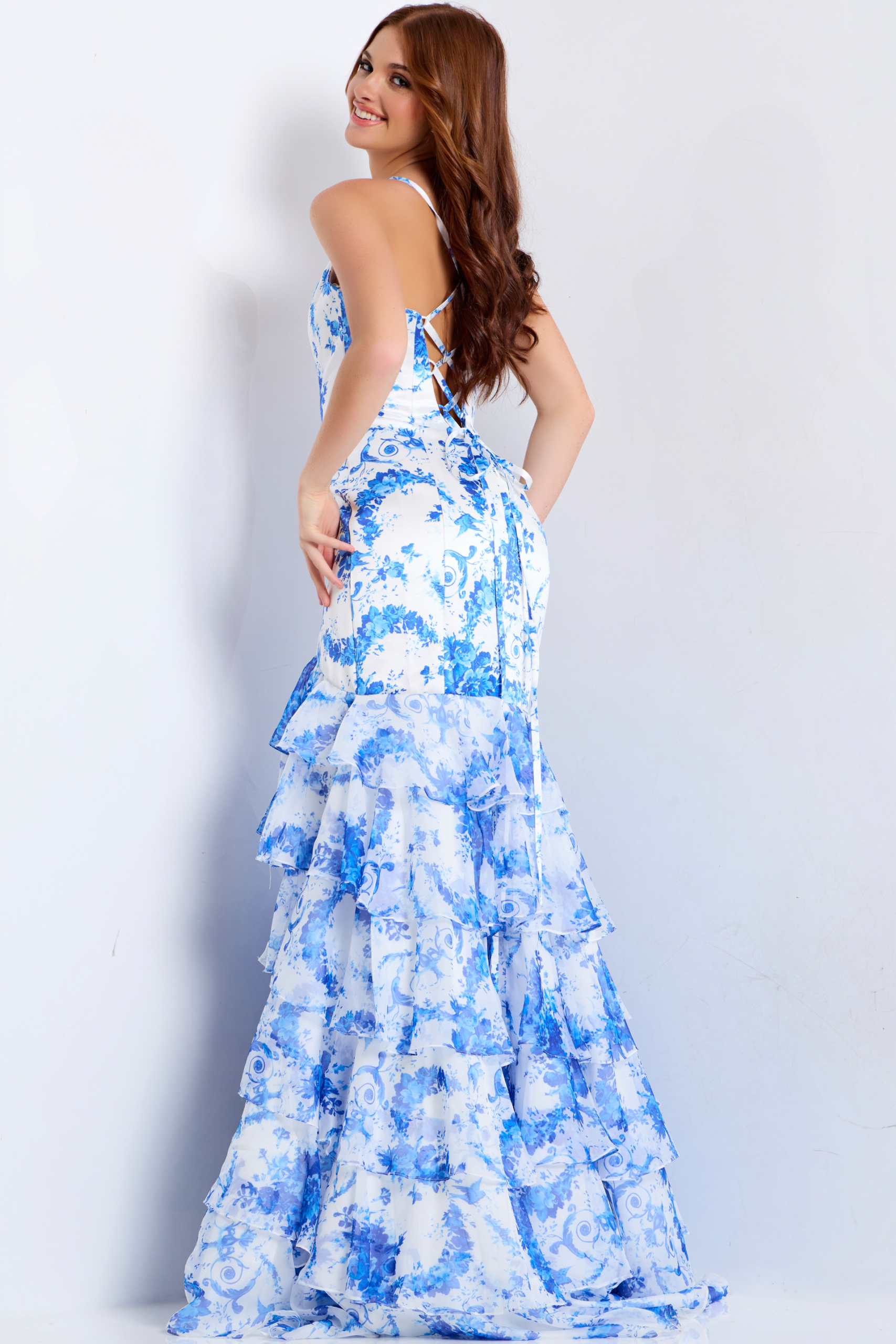 Tiered Blue Floral Print Prom Dress With Slit 48331 | Jovani