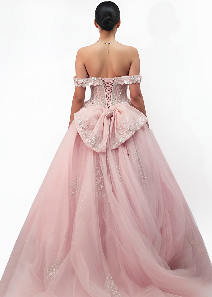 Off Shoulder Ball Gown with Lace Appliqués Q43434 | Jovani